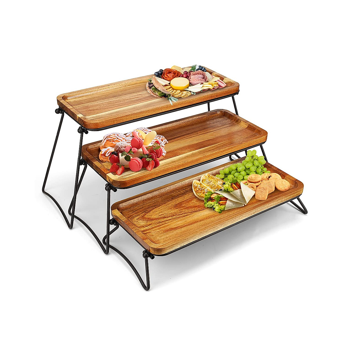 Wood 3 Tier Serving Tray Three Tiered Serving Stand, Rectangle Serving Platter Wooden Farmhouse Tiered Tray, Party Serving Dishes for Entertaining, Rustic Wood Tray Vintage Party Trays and Platters