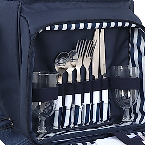 2 Person Blue Tartan Insulated Picnic Bag Set W/Cooler Section