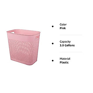 UUJOLY Plastic Trash Can Wastebasket, Garbage Container Basket for Bathrooms, Kitchens, Offices, Kids Rooms (Pink, 3 Gallon), 1 Pack