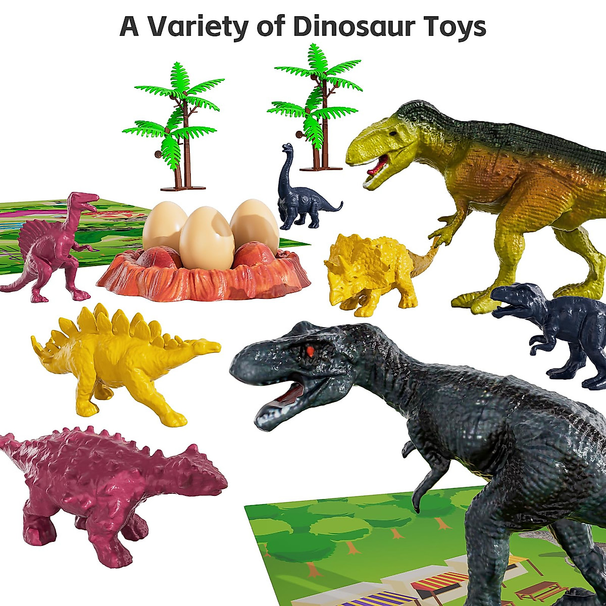 TEMI Dinosaur Truck Toys for Kids 3-5 Years, Tyrannosaurus Transport Car Carrier Truck with 8 Dinosaur Figures, Activity Play Mat, Dinosaur Eggs, Trees, Capture Jurassic Play Set for Boys and Girls