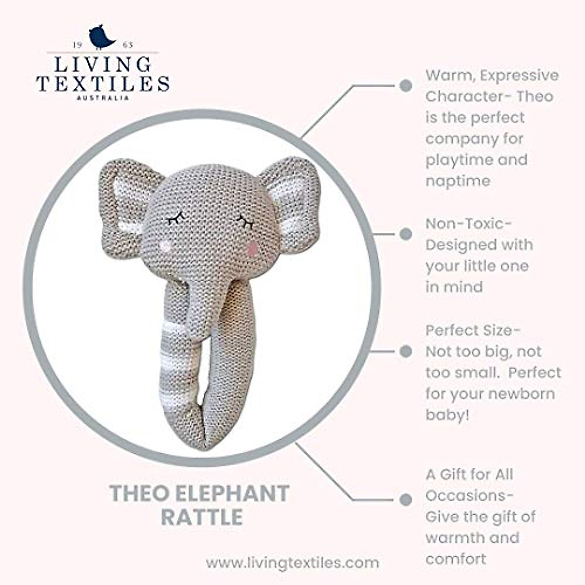 Living Textiles Baby Knitted Toy Rattle - Theodore Elephant - Premium 100% Cotton Super Cute Soft & Fun Stuffed Animal Character | for Infant,Newborn,Nursery,Stuff,Knit,Gift,Shower,Unisex