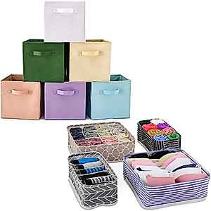 EZOWare Bundle Kit 6 Pcs Assorted Color Collapsible Fabric Cube Storage Bin Baskets + 4 Closet Wardrobe Dresser Drawer Organizer Divider For Organizing Nursery Baby Clothes