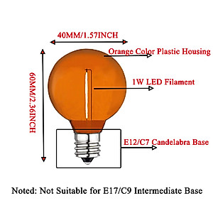 LRSUEYSKIN G40 Orange LED Replacement Bulb 1W Decorative Light Bulbs Shatterproof Waterproof LED Outdoor String Lights Night Light E12/C7 Candelabra Base for Wedding Party Garden Yard,15 Pack(Orange)