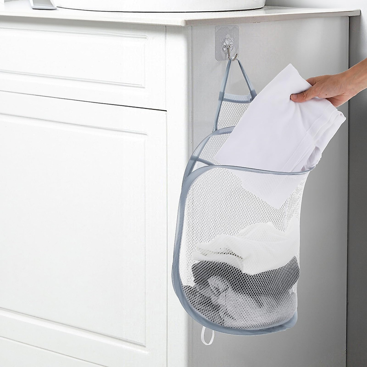 Molain Mesh Collapsible Small Wall Laundry Baskets, Hanging Laundry Hamper Hanging Clothes Hamper Baskets for Home Hotel Travel Camping University Dormitory(White+Grey)