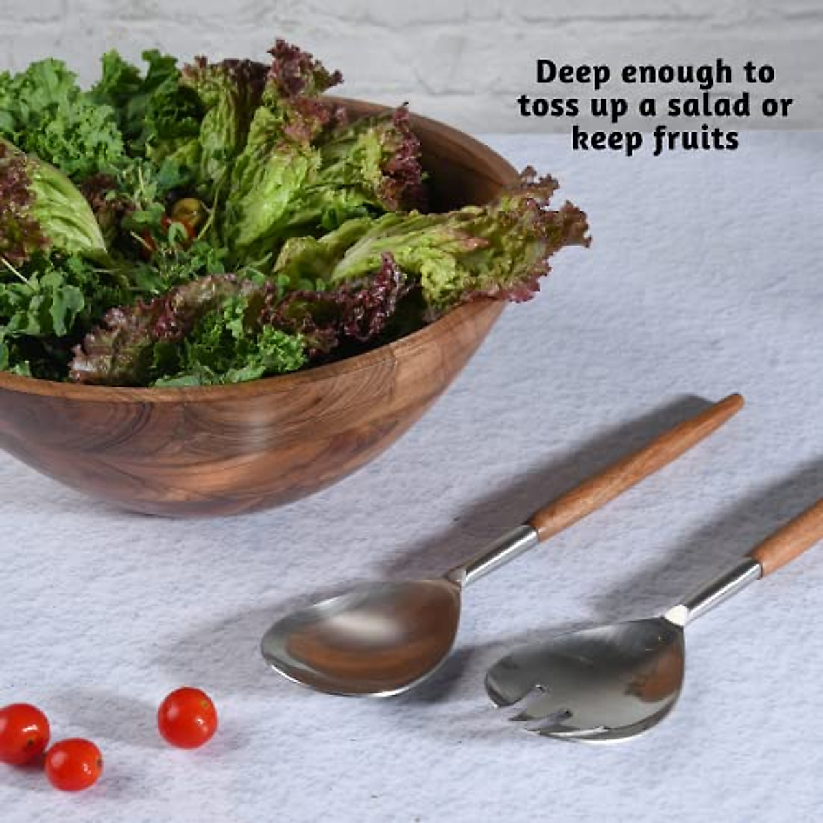 Folkulture Salad Bowl or Salad Bowl With Servers, Salad Bowls or Wooden Bowls for Food in 3 Colors, 12" D x 5" H, Acacia Wood, Wooden Salad Bowl Set, Round Mixing Bowl, Natural Finish