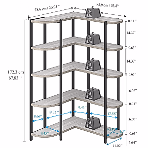 Launica 5 Tier Corner Bookshelf, Tall Grey L Shaped Book Shelf with Storage, Large Industrial Wood Metal Open Bookcase. Farmhouse Standing Bookshelves for Bedroom, Living Room, Kitchen, Gray