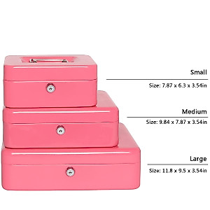 Kasten Cash Box With Money Tray and Key Lock, Money Organizer for Cash, 9.84"x 7.87"x 3.54", Medium Pink