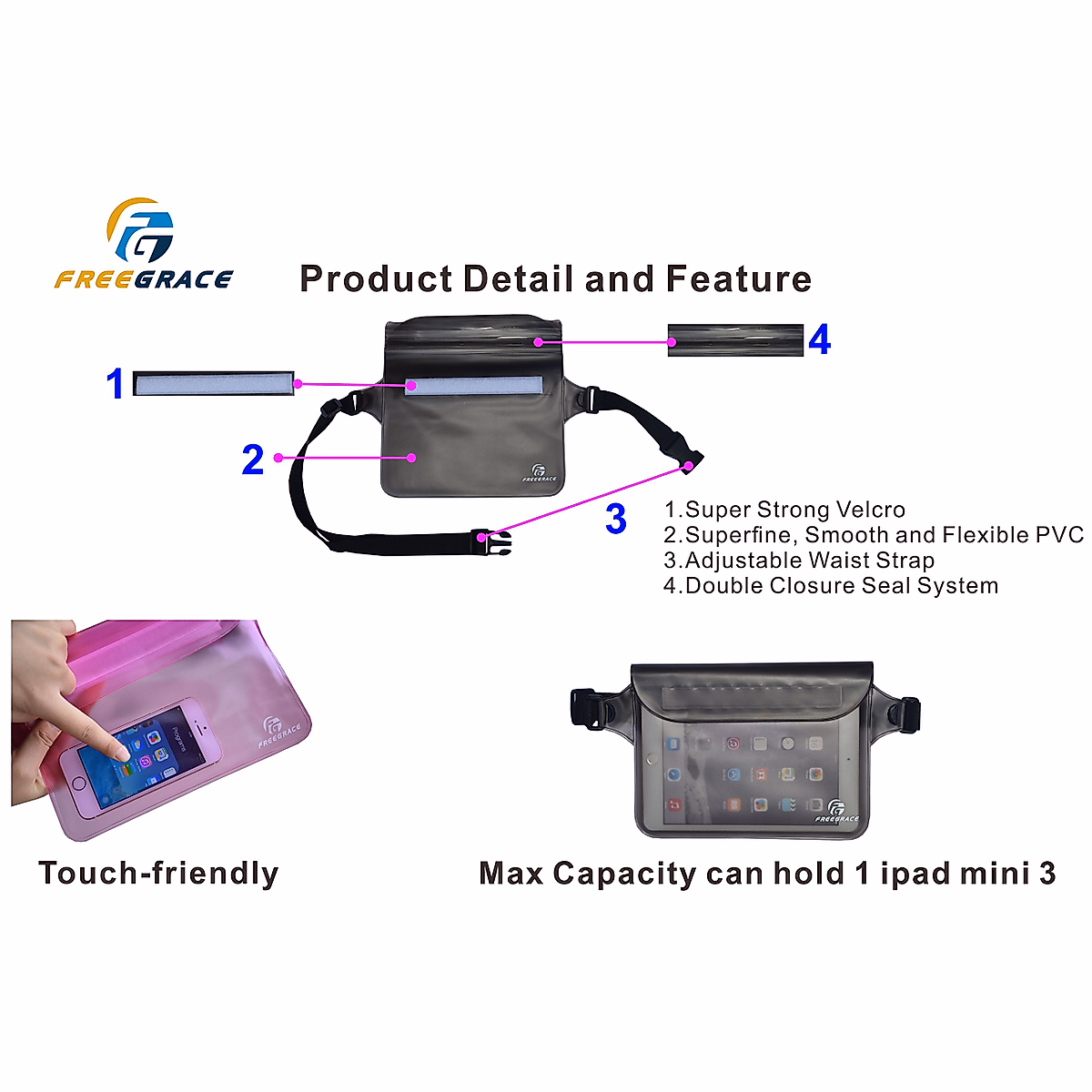 Freegrace Waterproof Waist Pouches - Best Way to Keep Your Phone and Valuables Dry and Safe - Perfect for Boating Swimming Snorkeling Kayaking Beach Pool Water Parks (Black 2 Pack)