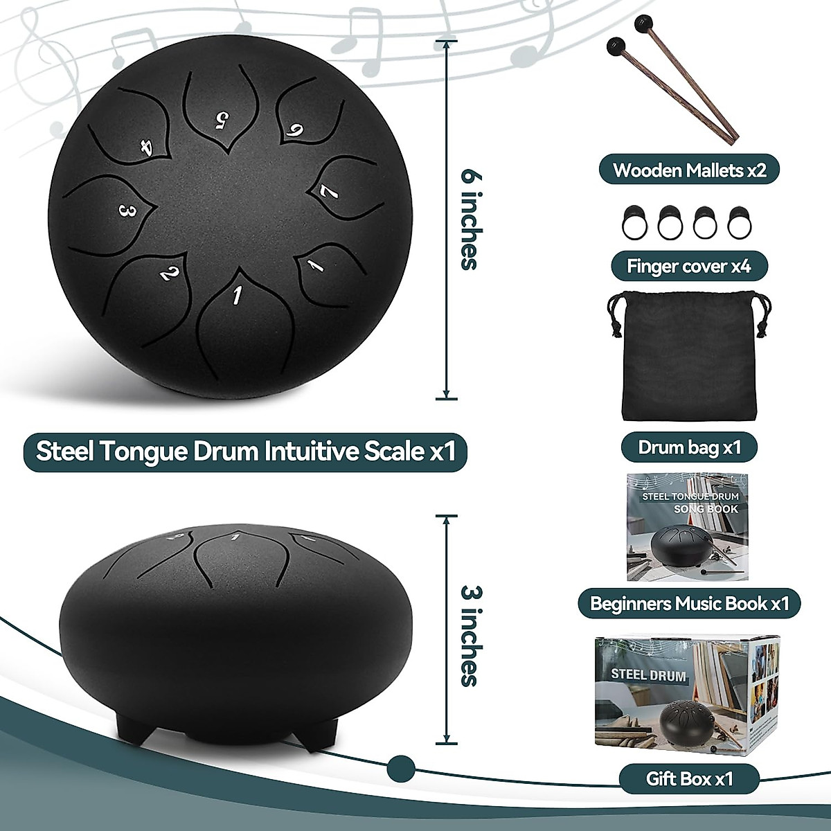 Flagest Steel Tongue Drum 8 Notes 6 Inches, Alloy Steel Drum Set with Bag, Unique Music Book, Percussion Instrument Drums for Early Musical Education Cultivate Concentration Birthday Item