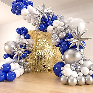 141pcs latex balloons with 3pcs Foil Balloons for Birthday Graduation Disco 2024 Prom Party Decorations… (Royal Blue Silver White)