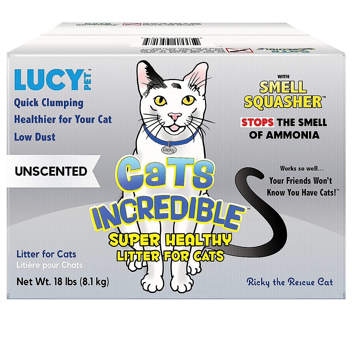 Lucy Pet Cats Incredible 18 lb Box Clumping Cat Litter Recyclable Box with Smell Squasher, Absorbent Natural Clay Formula Prevents Ammonia Build-Up, Unscented