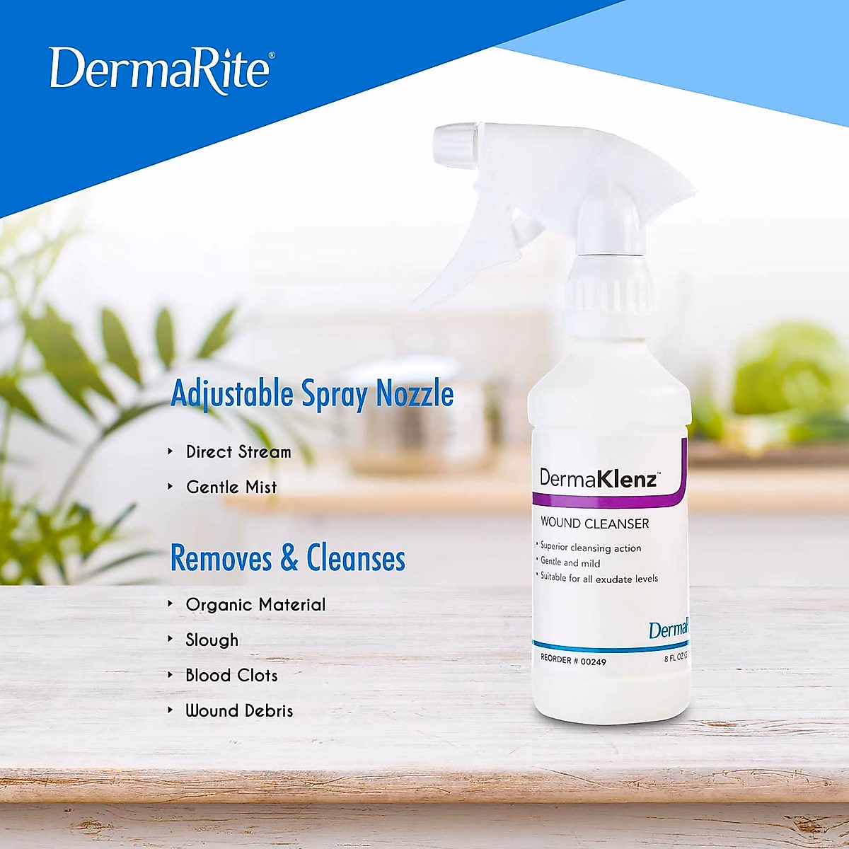 DermaRite's DermaKlenz Wound Cleanser - Rinse-Free Gentle and Mild Cleansing, Helps Clear Wound Debris - Spray Bottle, 8 oz., 1 Count