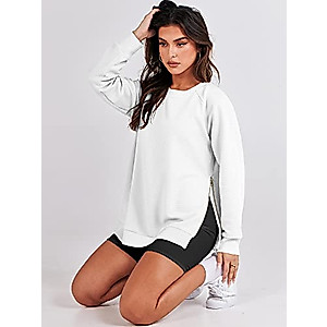 ANRABESS Women's Oversized Sweatshirts Long Sleeve Tunic Tops Crew Neck Soft Pullover With Side Zipper Shirt Trendy Clothes 2023 A1073-baise-M White