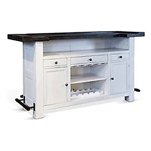 Pemberly Row 78" Farmhouse Wood Home Bar Unit Cabinet with Stemware Rack, Wine Rack for Dining Room Kitchen in Off White Dark Brown