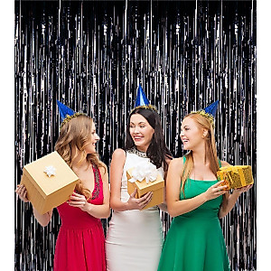 FECEDY 2pcs 3ft x 8.3ft Black Metallic Tinsel Foil Fringe Curtains Photo Booth Props for Birthday Wedding Engagement Bridal Shower Baby Shower Bachelorette Holiday Celebration Party Decorations