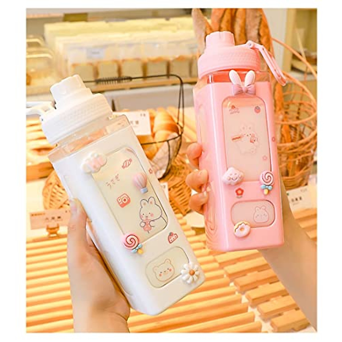WANGZMTOU Kawaii Bear Pastel Water Bottle With 3D Sticker 700ml Plastic Travel Tea Juice Milk Portable Cute Shaker Drink Bottle Gift (Pink)