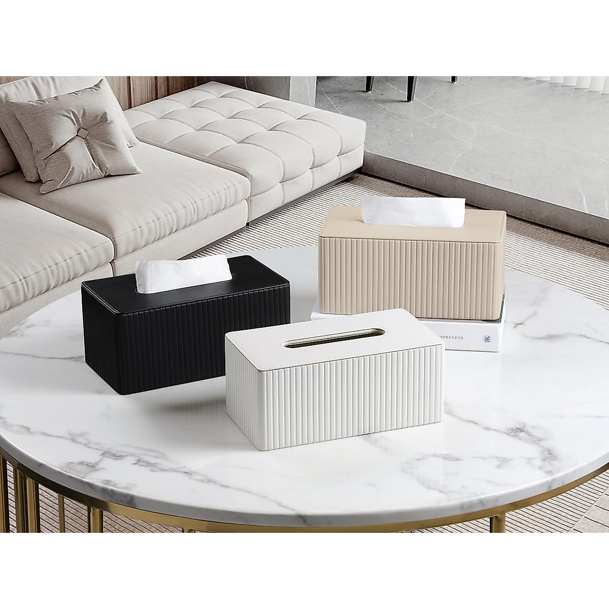 MEIBOOCH Tissue Box Cover Stylish PU Leather Rectangular Tissue Box Holder with Magnetic Bottom Cover for Bathroom Bedroom or Office (Cream-White)