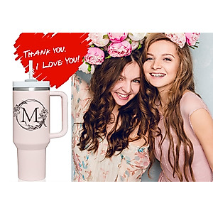 AMZUShome Personalized 40oz Tumbler Cup with Initials.Cup with Letter M 40oz Tumbler with Handle.Custom Tumbler Cup with Letter.Initial Monogram Tumbler Mug Gifts for Women Birthday Christmas.