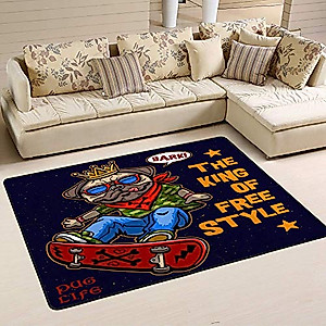 Area Rugs ﻿Funny Pug Dog Cute Character Skateboard Ultra Soft Indoor Floor Non-Slip Area Rug for Living Room Kid Bedroom Dining Room Home Decor Carpet Large Size 5'3"x 4'