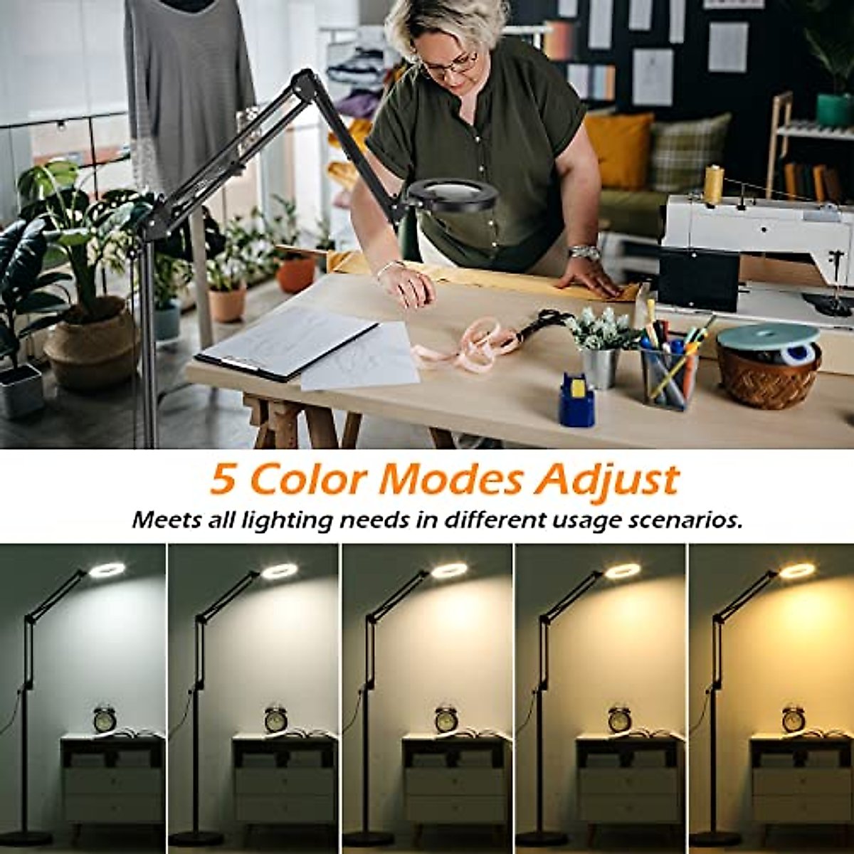 8X Magnifying Glass with Light and Stand, Krstlv 4-in-1 LED 5 Color Modes Stepless Dimmable Magnifying Floor Lamp, Adjustable Swing Arm Lighted Magnifier Lamp with Clamp for Close work, Craft, Reading