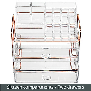 mDesign Plastic Cosmetic Storage Organizer Station with 2 Drawers and 16 Divided Sections for Bathroom, Cabinet, Vanity, Countertop - Holds Makeup Palettes, Brushes, Blush, Mascara - Rose Gold/Clear