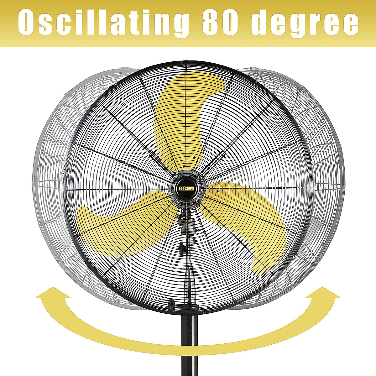 HiCFM 8300 CFM 30 inch Heavy Duty High Velocity Pedestal Oscillating Fan with Powerful 1/3 HP Motor, Ball Bearing, 9 Feet Cord & Turbo Yellow Blade - UL Listed