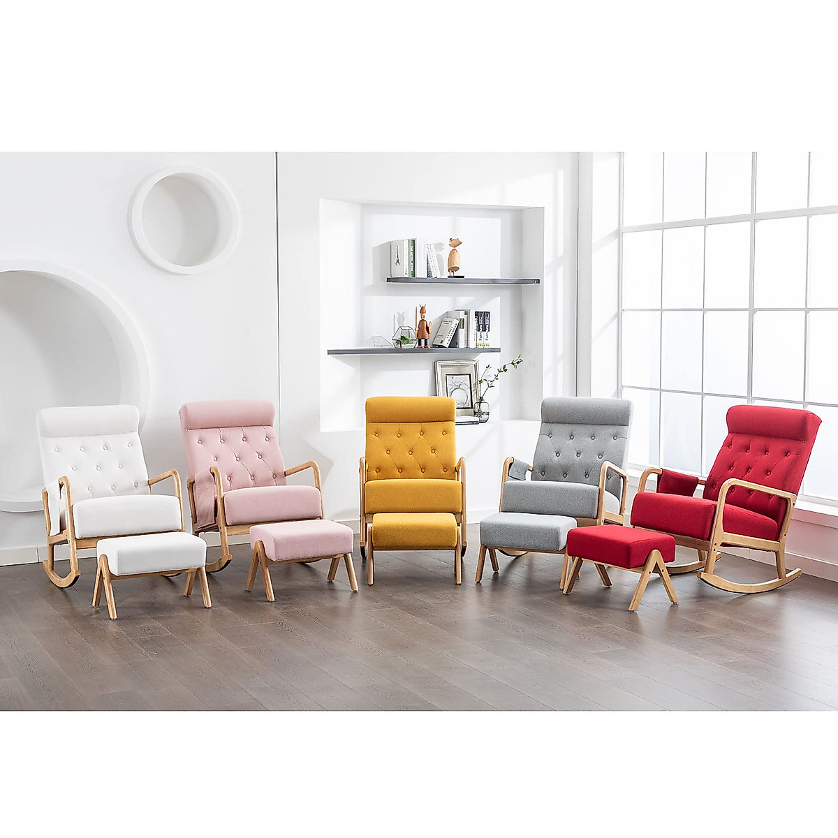 GNIXUU Glider Chair with Ottoman, Rocking Chair for Nursery, Upholstered Fabric Rocking Armchair Indoor with High Backrest for Living Room(Pink)