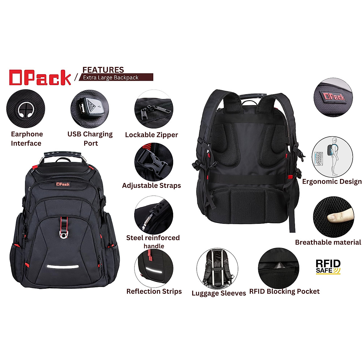 OPACK Travel Laptop Backpack 17.3" Computer Backpack Water-Repellent College Daypack Business Backpack with Large RFID Pockets & USB Port safety reflective strip for Men Women