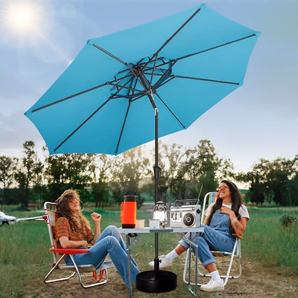 FLAME&SHADE 9 ft Double Top Outdoor Market Patio Table Umbrella with Tilt, Aqua Blue