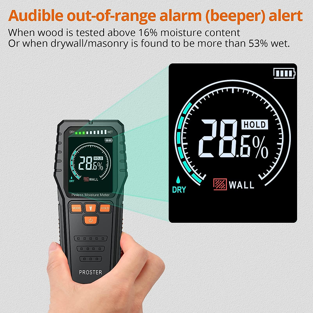 Proster Pinless Wood Moisture Meter, Non-Destructive Moisture Tester for Wood Wallboard Masonry;Detect up to 3/4 Inch Below Surface, Backlit Color LCD , Visual/Audible Alarm, with Storage Case