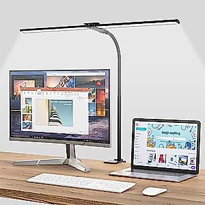 Hensam LED Desk Lamp for Home Office,Bright Double Head Desk Lamp with Clamp,Dimmable 5 Color Modes Desk Lighting,12W Eye-Caring Architect Table Lamp for Workbench,Monitor,Reading,Study,1400lm