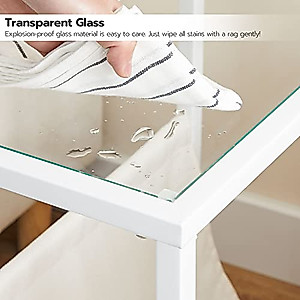 HOOBRO Narrow Side Table, Tempered Glass End Table with Fabric Magazine Sling, Small Coffee Accent Table, Bedside Table for Small Space, Bedroom, Living Room, Modern Style, White WT66BZ01