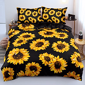 Holiyjog Sunflower Duvet Cover Set Queen Size Sunflowers on Black Background Bedding Set Comforter Cover and Pillow Shams Yellow Sunflowers Bedding Set Sunflower Decor for Bedroom