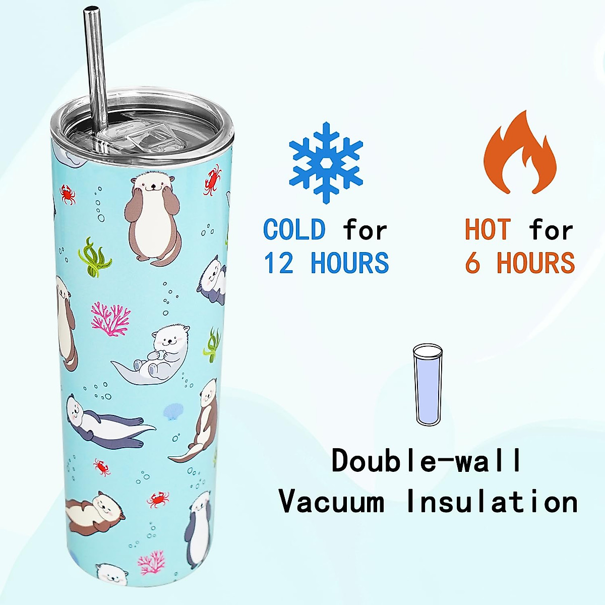 Sea Otter Tumbler - 20 Oz Blue Cute Otter Gifts for Women & Girls, Hot & Cold Drinks Accessory