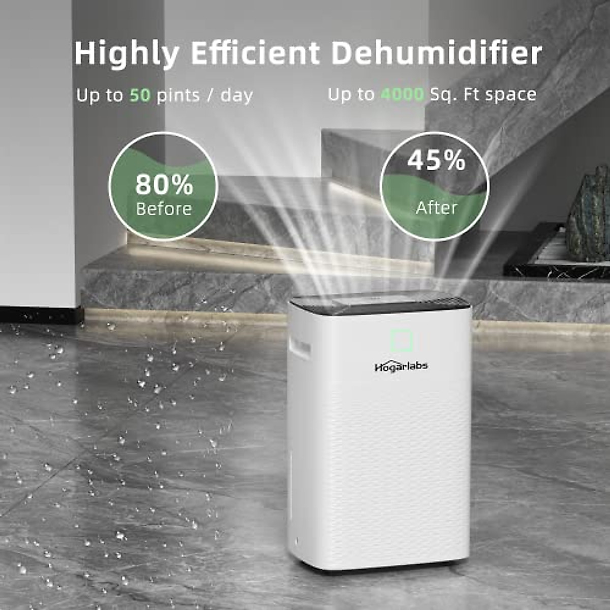 HOGARLABS 50 Pint Dehumidifiers for Home Basements, with 3 Working Modes, Overflow Protection, and Auto Shut off Restart. Ultra Silent Dehumidifier with Drain Hose, Intelligent Humidity Control
