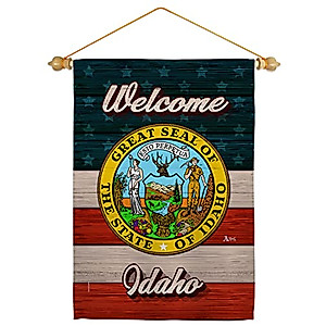 Welcome Idaho Garden Flag - Set Wood Dowel Americana States USA American Territories Republic Country Particular Area - House Decoration Banner Small Yard Gift Double-Sided Made in 13 X 18.5