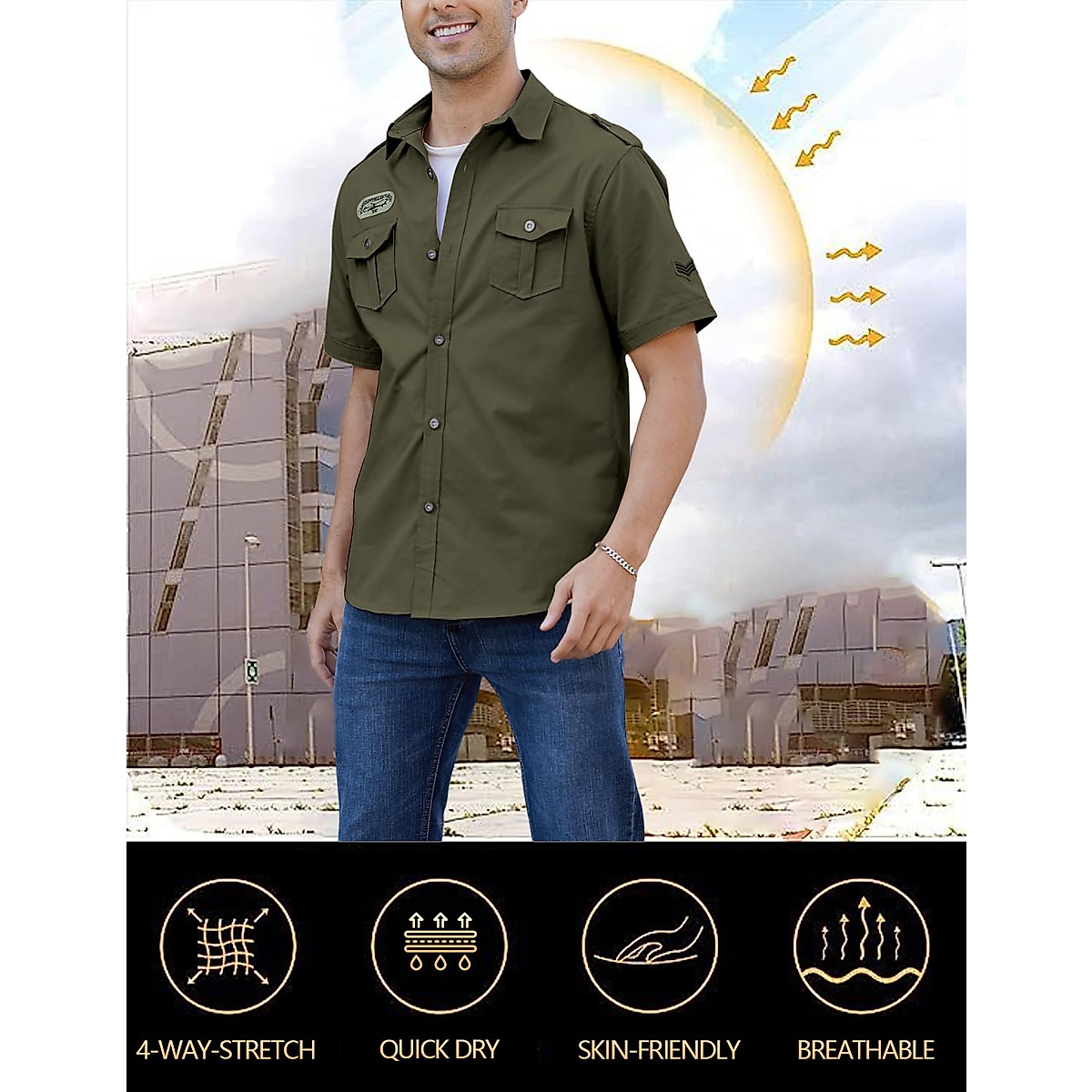 Gihuo Men Shirt Short Sleeve Military Button Down Army Tactical Shirt Utility Cargo Work Uniform Shirt Tops (Medium, Army Green)