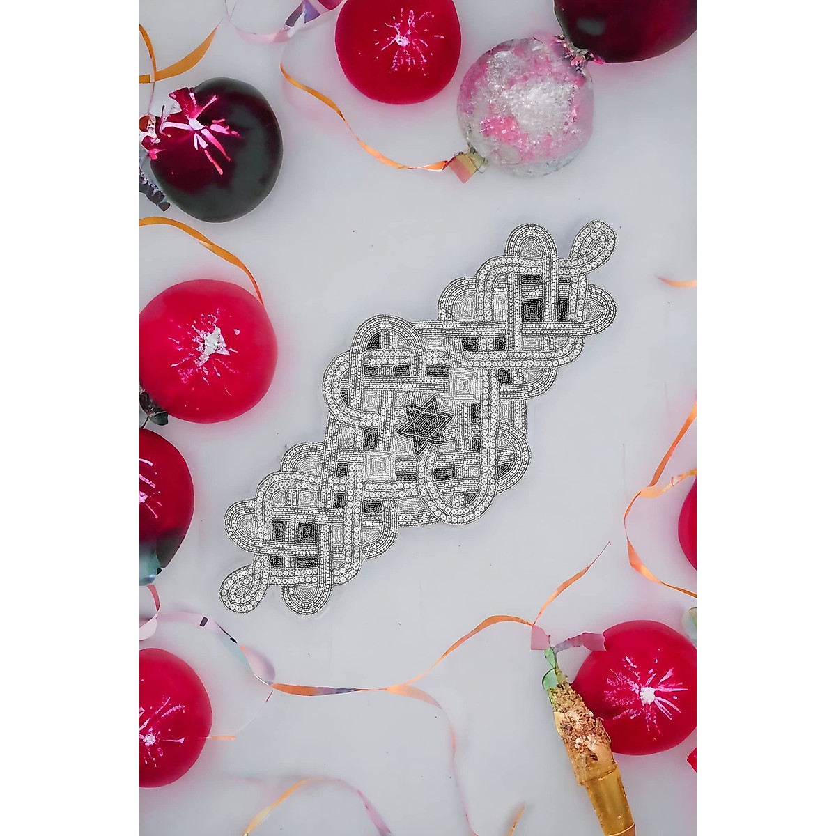 Alpha Living Home Handmade Fancy Scrolled Embroidery Beaded Table Runner for Tabletop and Kitchen Grey/Silver - Home Decor Mat for Wedding Party Family Gathering - Pack of 1 Measure 15.5 x 35 inches