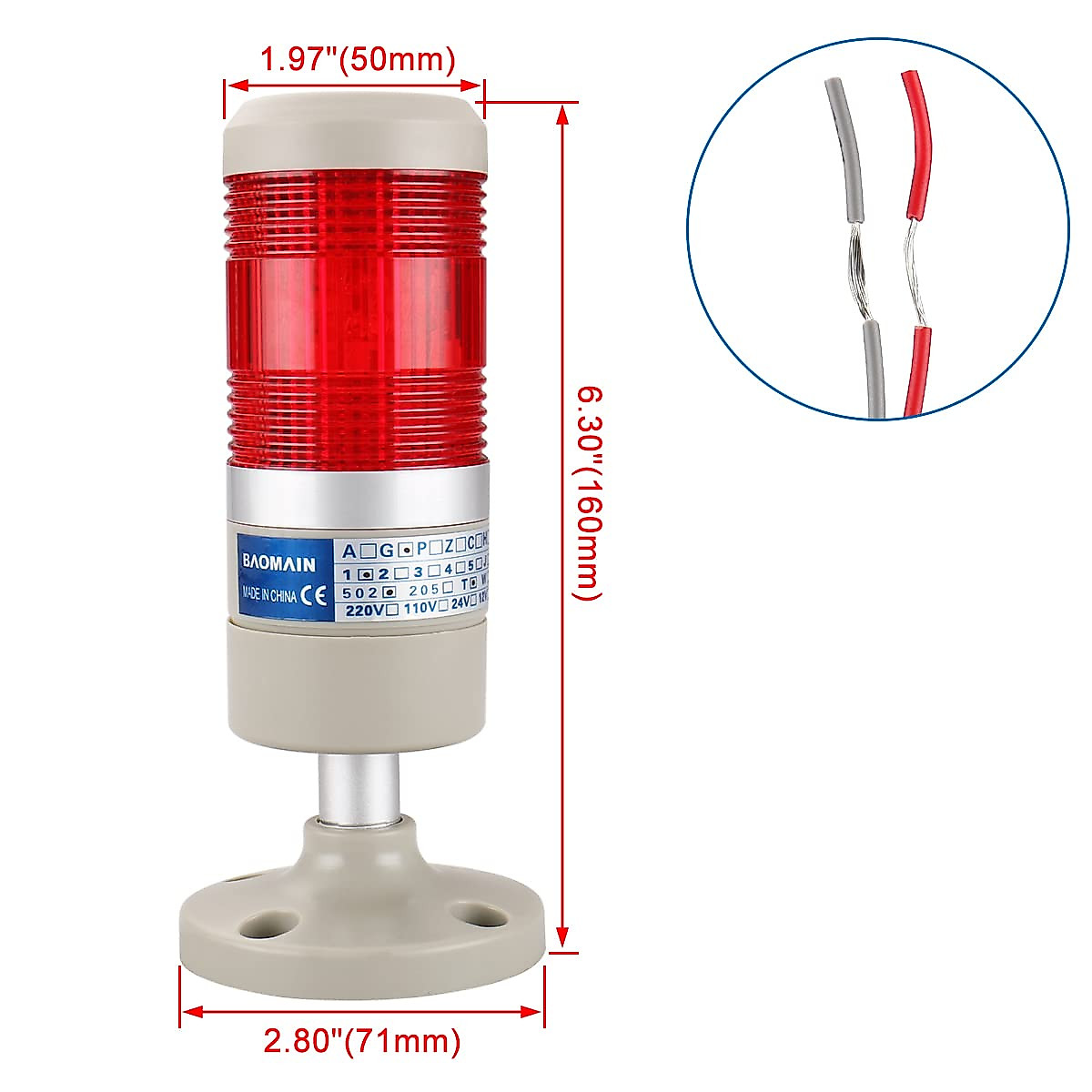 Baomain Industrial Signal Light Column LED Alarm Round Tower Light Indicator Continuous Light LGP-502T Warning Light Red AC 110V