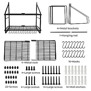 JS HANGER Pot Rack Wall Mounted, 2 Tier Pot and Pan Hanging Rack Organizer Wall Shelves with 16 Hooks for Kitchen Cookware Utensils Organization Black