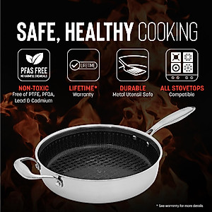 Hell's Kitchen Hybrid 4 Qt Sauté Pan and lid, Tri-Clad Stainless Steel and Nonstick Ceramic, PFAS Free, no PFOA, PTFE, or Teflon, Non Toxic Cookware, Metal Utensil Safe, All Cooktops and Oven Safe