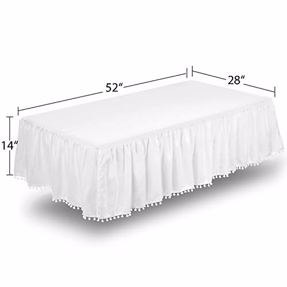 TILLYOU Ruffled Crib Skirt with Pompoms, Microfiber Nursery Crib Toddler Bedding Skirts for Baby Boys Girls, 14'' Drop, White