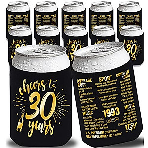 Henghere 30th Birthday Decorations for Men Women, 30th Birthday Party Supplies, Vintage - Thirty Birthday Party Beverage Can Cooler Sleeves, 12-Pack (Black & Gold)
