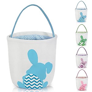 Easter Bunny Basket Bags for Kids, HOTMAI Canvas Cotton Tote Bag Easter Buckets and Eggs Hunt Bag, Personalized Basket Easter Gift for Boys Girls(Blue)