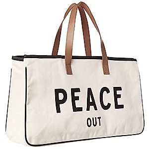 Santa Barbara Design Studio Tote Bag Hold Everything Collection Black and White 100% Cotton Canvas with Genuine Leather Handles, Large, Peace Out