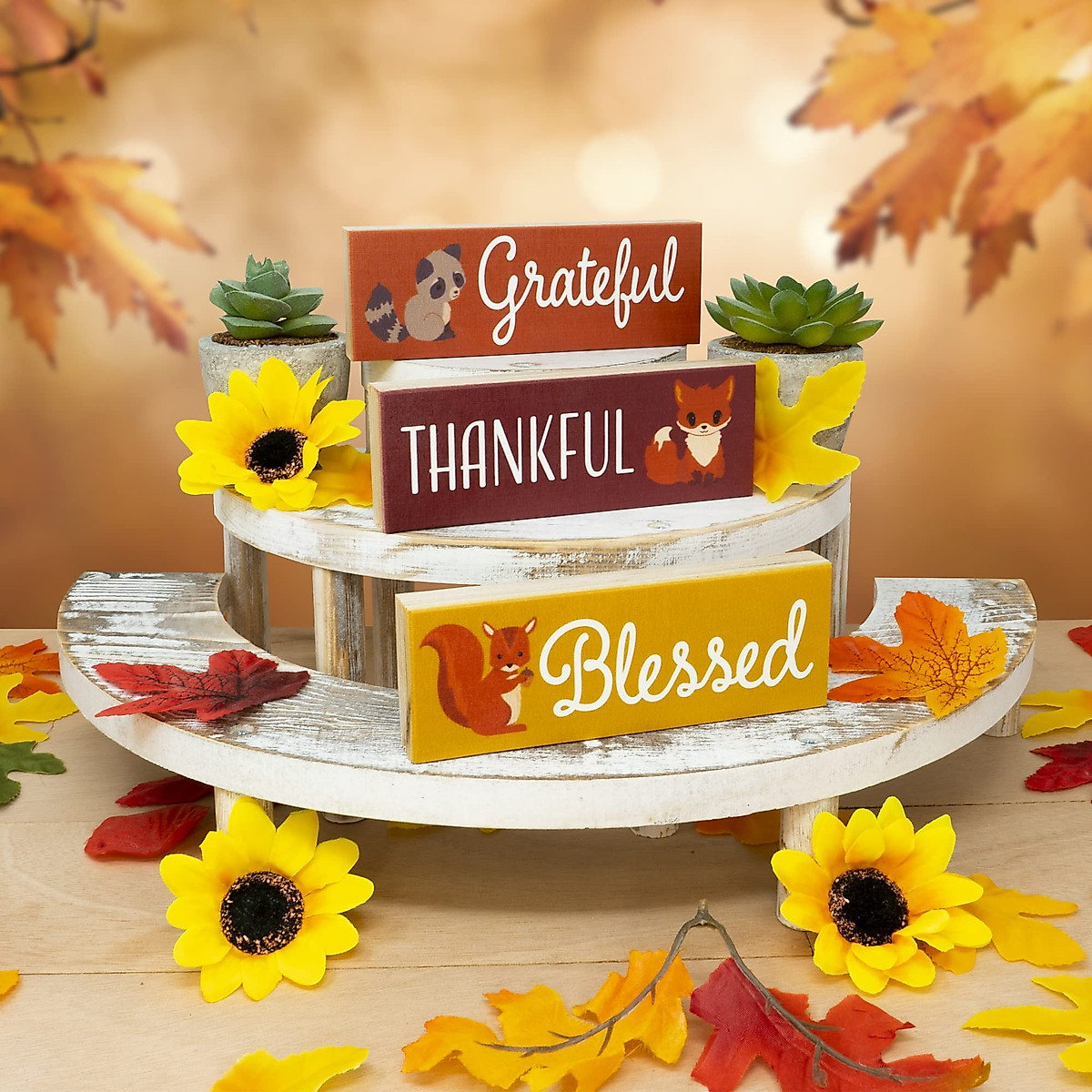 Fall Decorating Grateful Thankful Blessed Wood Block Signs – 3-Piece Fall Decor Set, Thanksgiving & Friendsgiving Decorations, Autumn Tiered Tray Accents