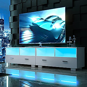 Catrimown Modern LED TV Stand with 20 Color RGB Lights, 71" White Gaming Entertainment Center TV Console with 2-Tier Storage Cabinet for Up to 80 Inch TV, for Living Room Bedroom