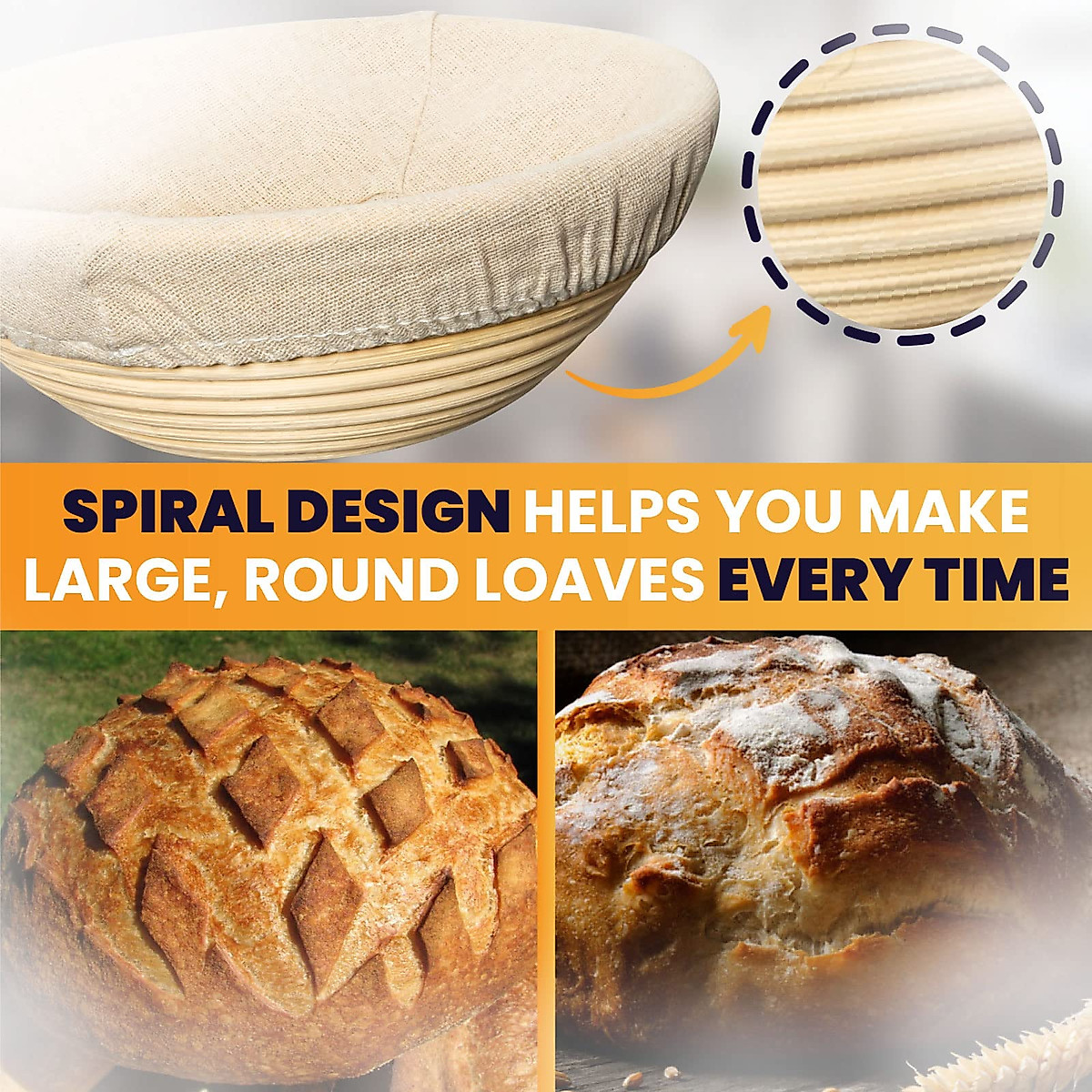 Bread Banneton Proofing Basket Set | 9” & 10” Round Baking Bowl Kit for Sourdough | Includes Dough Scraper, Bread Lame, Brotform Cloth Liner, Basting Brush (Blue)