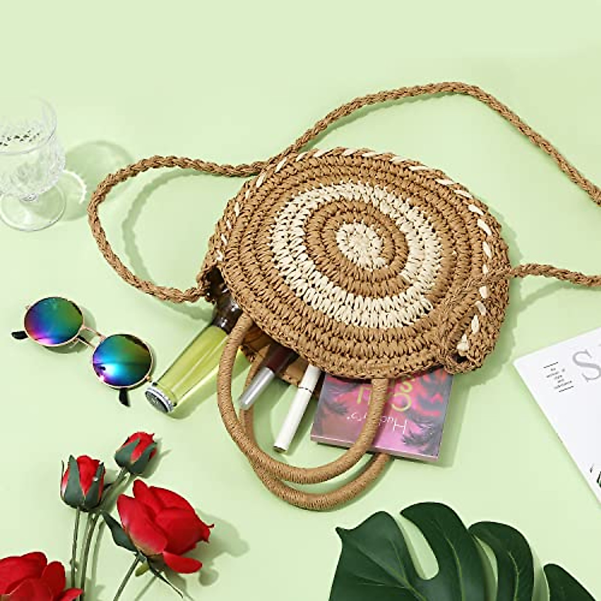 Straw Beach Bag, Stylish Beach Tote Bag Woven Straw Bag Vintage Zipper Straw Tote with Large Capacity, Zipper Beach Tote Handbag Shoulder Bag for Women Summer Beach Pool Party
