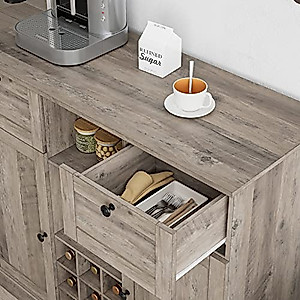 HOSTACK Buffet Sideboard Cabinet, Wine Bar Cabinet with Drawers and Removable Wine Rack, Coffee Bar Storage Cabinet with Shelves for Kitchen, Dining Room, Living Room, Ash Grey